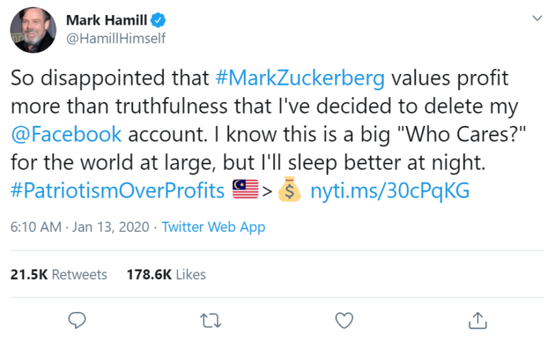 Mark Hamill Accidentally Tweets Jalur Gemilang Instead Of US Flag ...
