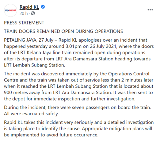 Rapid KL Apologises For Open Train Doors Of LRT Kelana Jaya Line